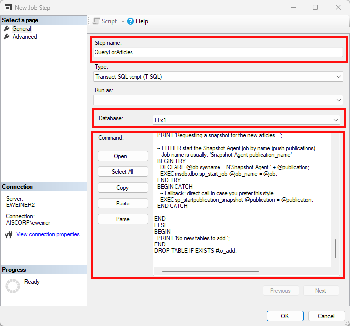 Create a SQL agent job to monitor for new articles