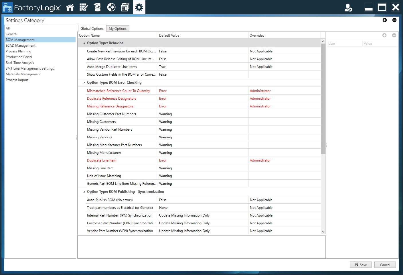 FactoryLogix global options